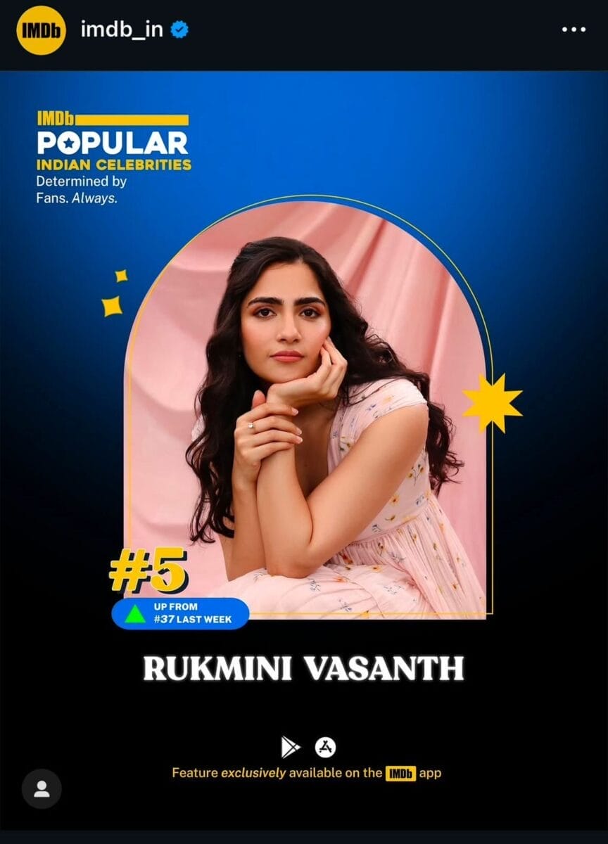Rukmini Vasanth Wins Hearts, Rises to IMDb’s Top 5 Popular Indian Celebrities - Tellyexpress